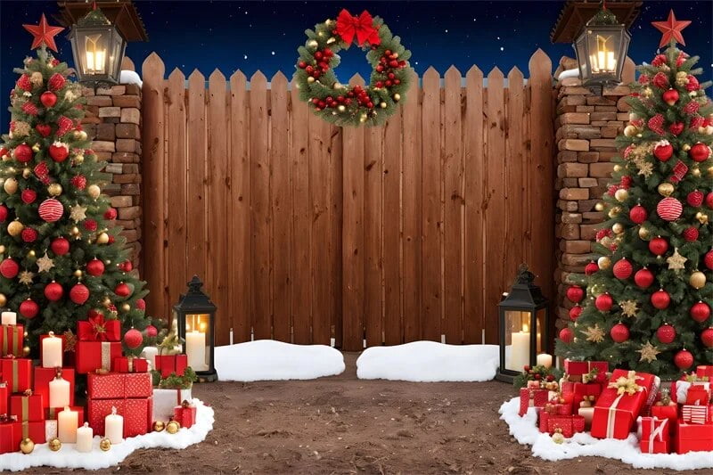 Christmas Red Barn Door Backdrop Rustic Wooden Board Xmas Tree Gifts ...