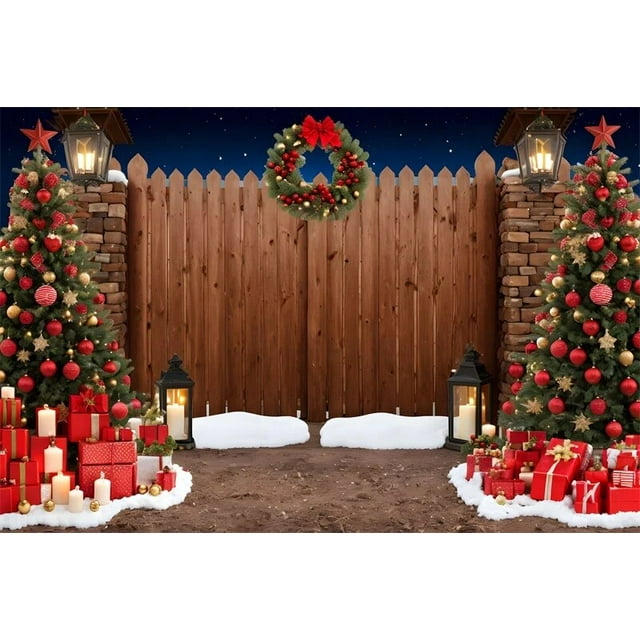 Christmas Red Barn Door Backdrop Rustic Wooden Board Xmas Tree Gifts ...