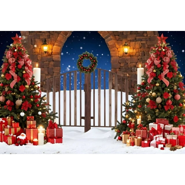 Christmas Red Barn Door Backdrop Rustic Wooden Board Xmas Tree Gifts ...