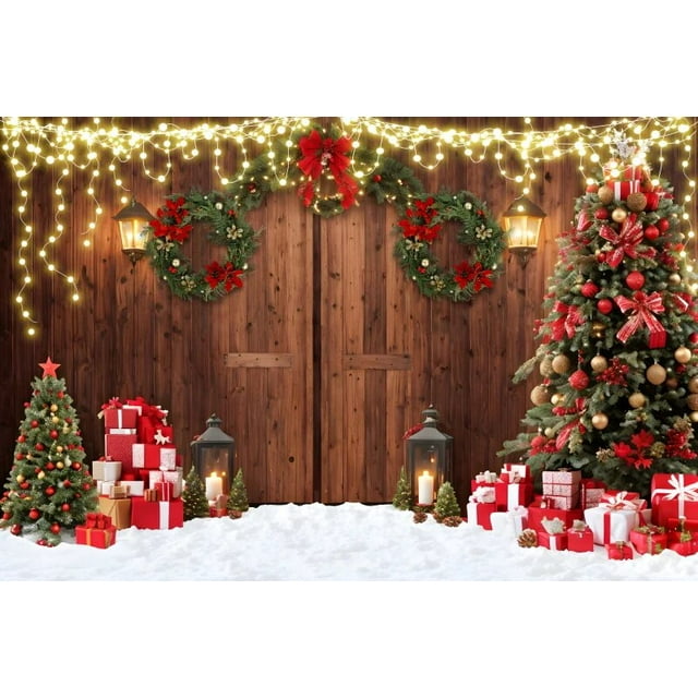 Christmas Red Barn Door Backdrop Rustic Wooden Board Xmas Tree Gifts ...