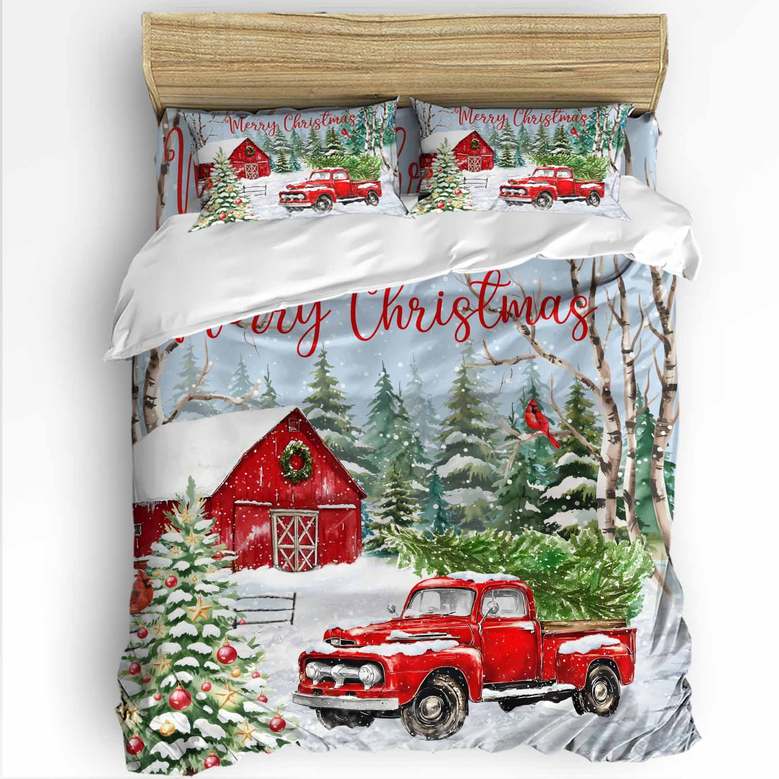 Christmas Red Barn Truck Queen Size Comforter Set, Winter Xmas Tree ...