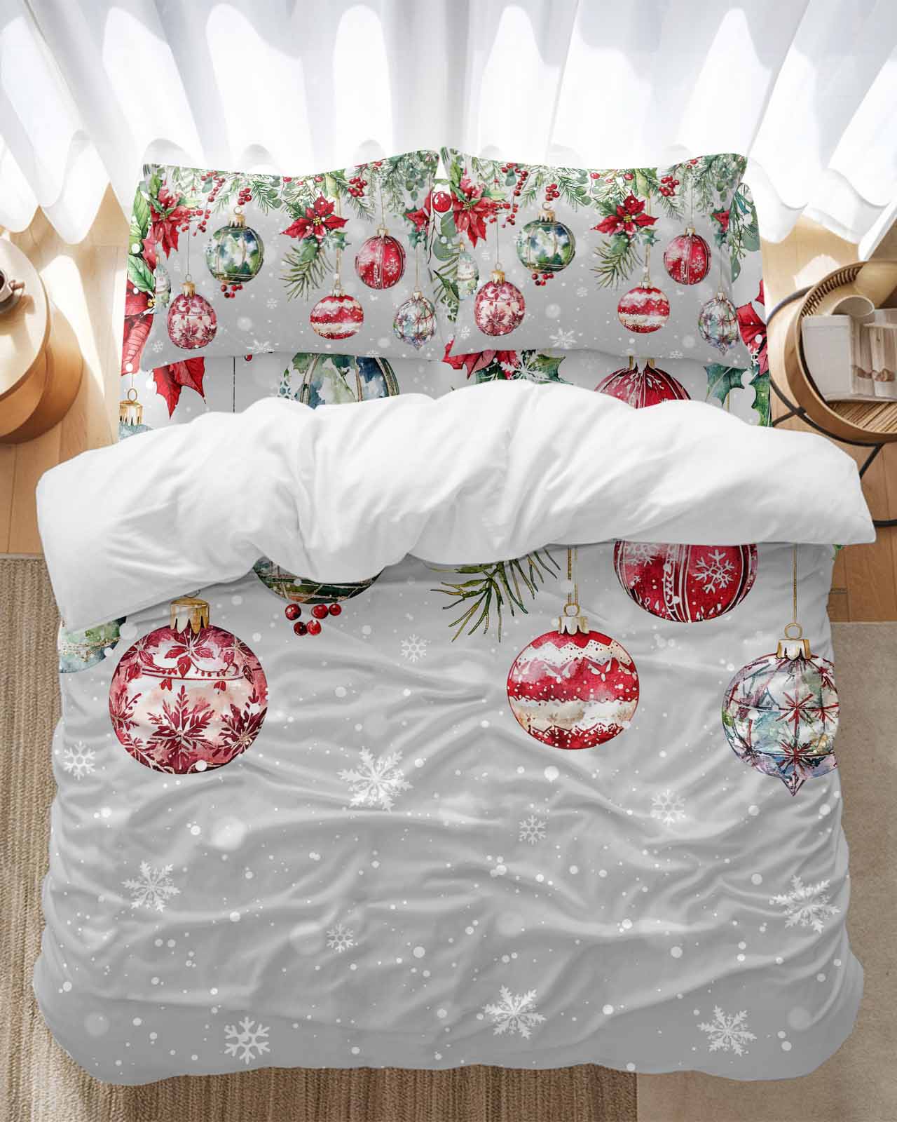 Christmas Red Bedding Duvet Cover Set Full Size 4 Pieces Green Balls ...