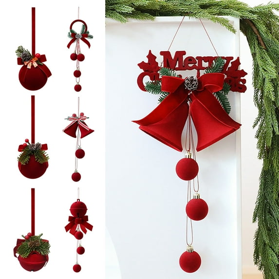 Christmas Red Bell Ornament Plastic Velvet Flocked Bell Ball Tree ...