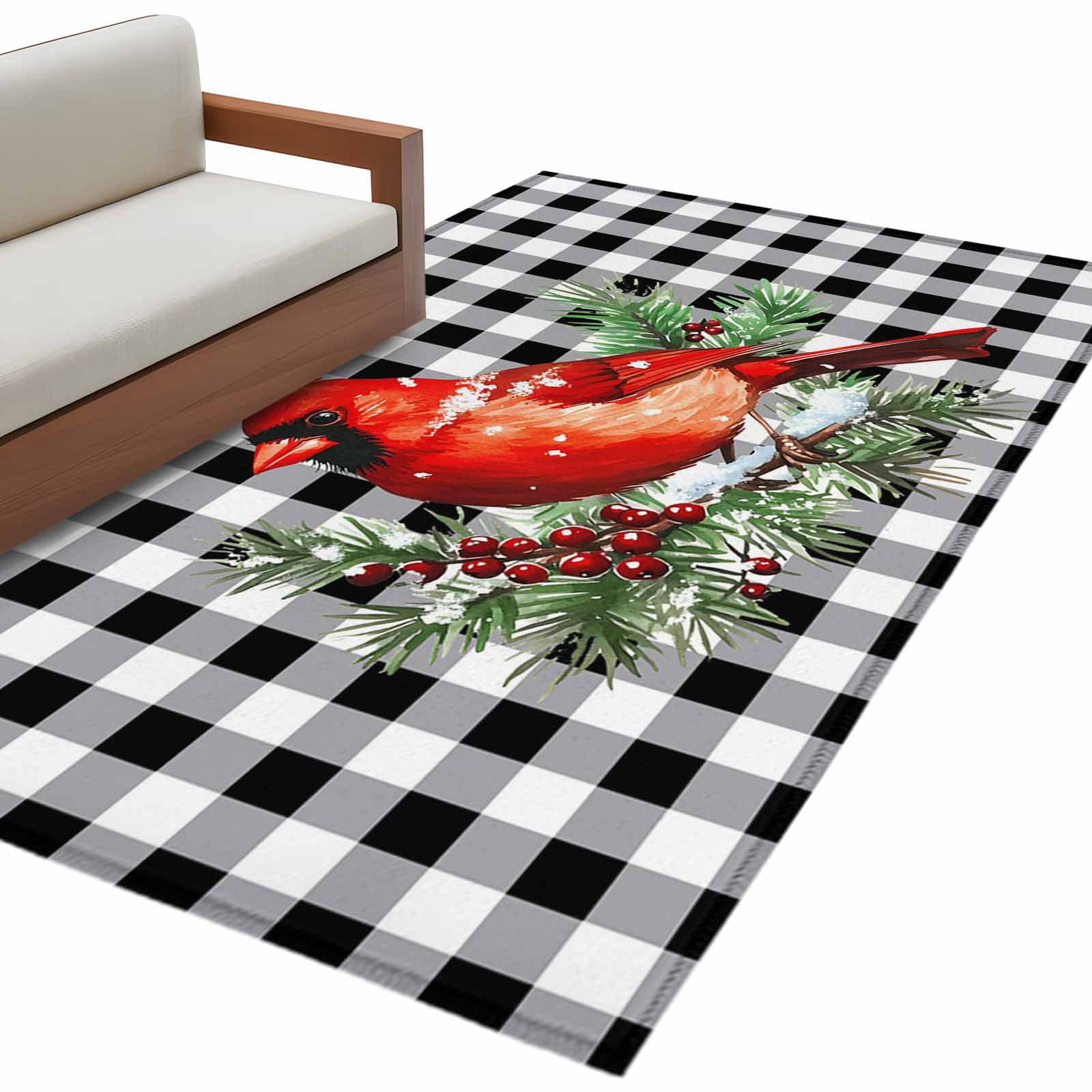 Christmas Red Bird Area Rug 4x6ft Winter Berries Black White Plaid Xmas ...