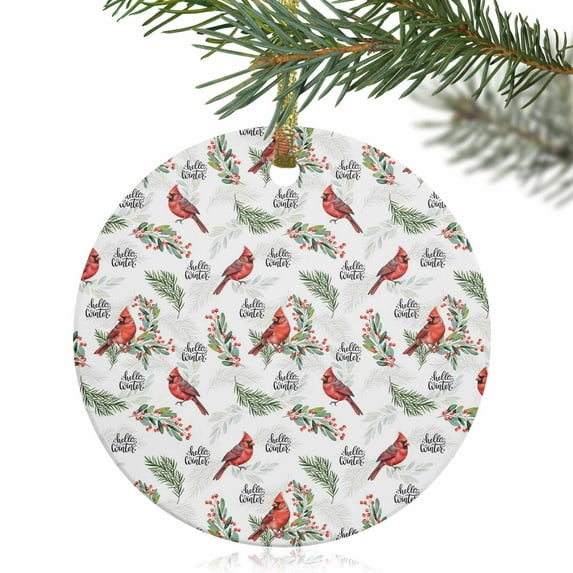 Christmas Red Bird Green Leaf Christmas Ceramic Ornament 2025,3" Round ...