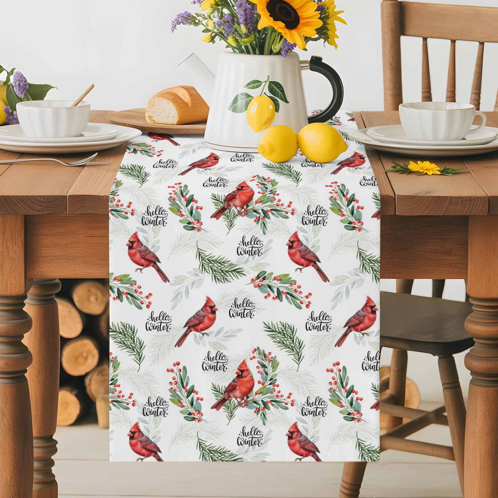 Christmas Red Bird Green Leaf Table Runner 36 Inches Long, Watercolor ...