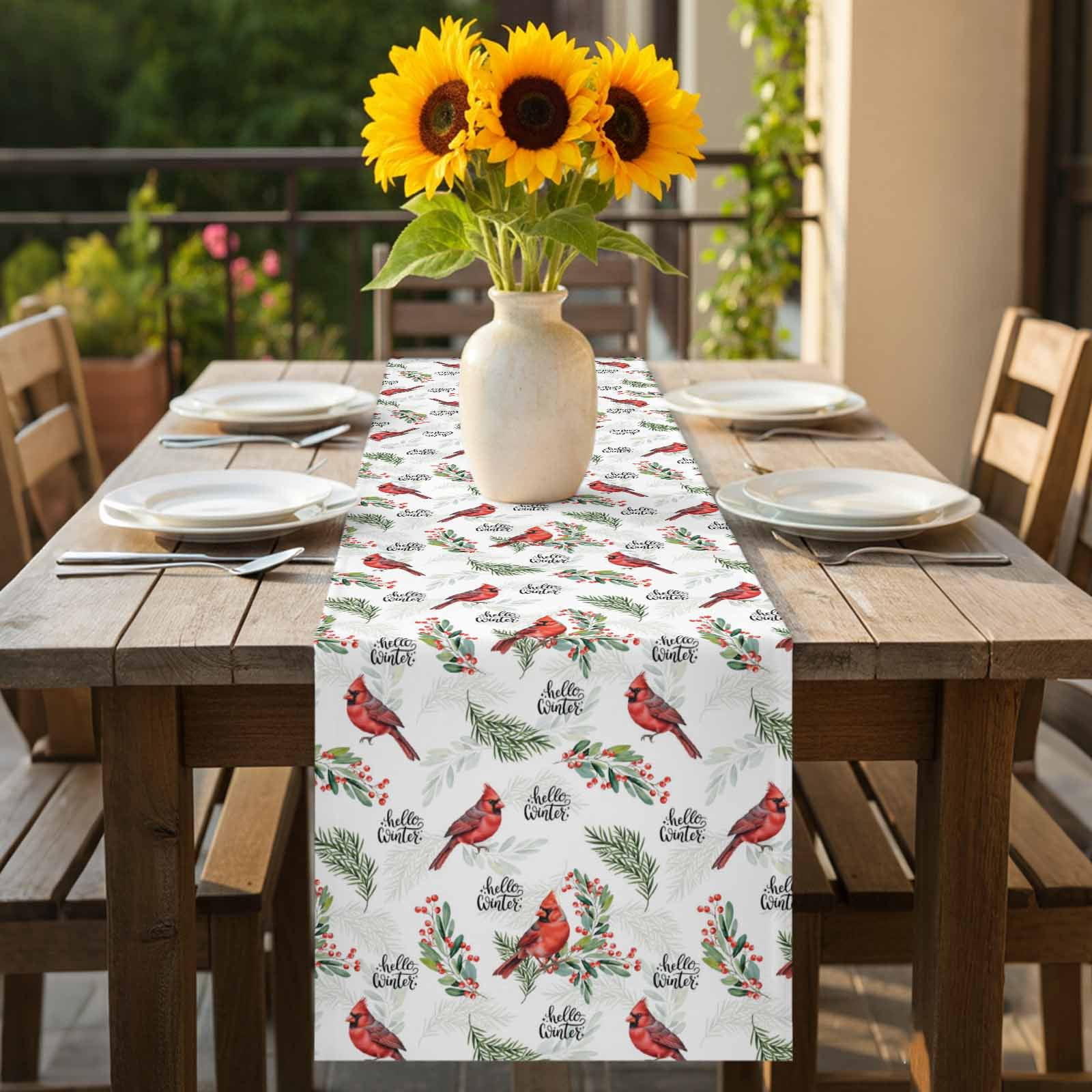 Christmas Red Bird Green Leaf Table Runner 90 Inch Long Watercolor ...