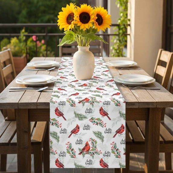 Christmas Red Bird Green Leaf Table Runner 90 Inch Long Watercolor ...