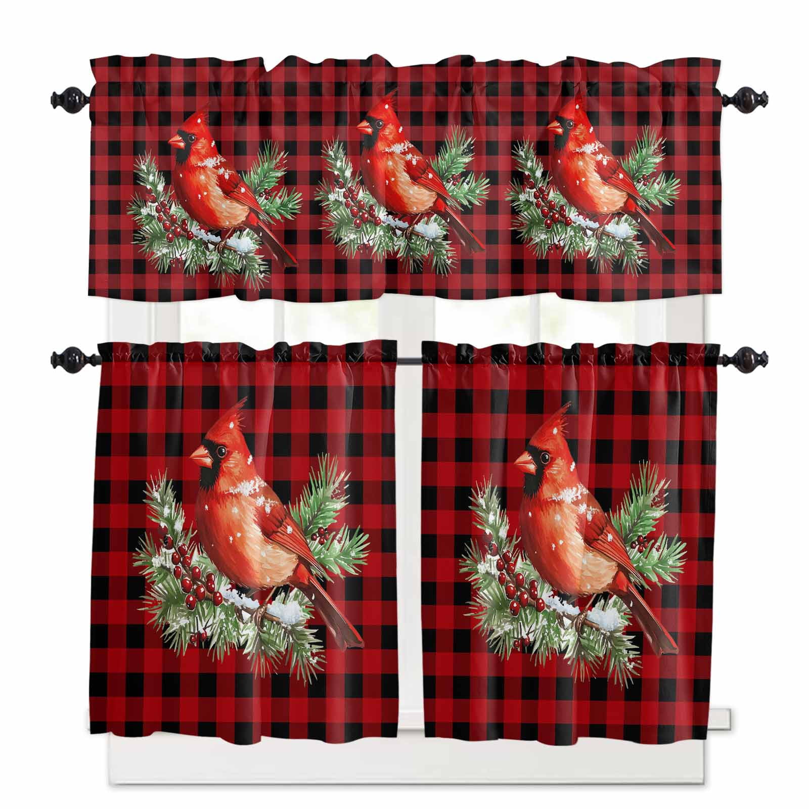 Christmas Red Bird Kitchen Curtains and Valances Set, Winter Berries ...