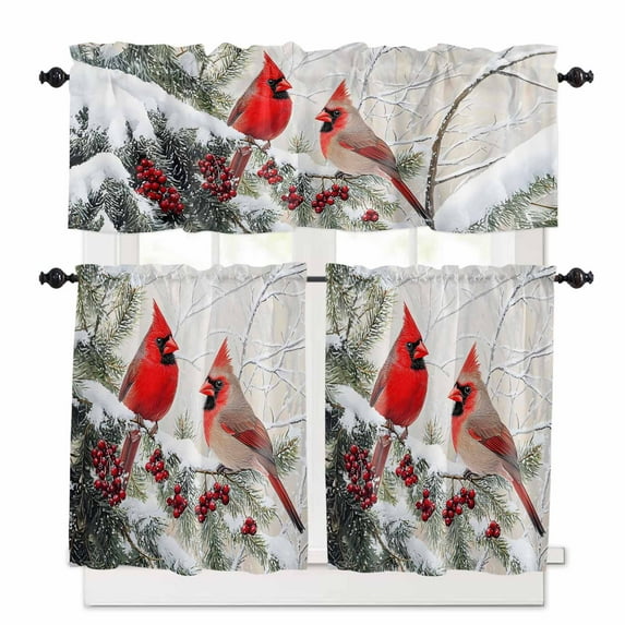 Christmas Red Bird Kitchen Curtains Valances and Tiers Set of 3 Berries ...