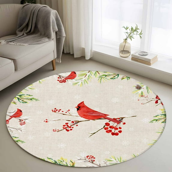 Christmas Red Bird Round Rug 3ft Washable Circle Entryway Rugs Non Slip ...