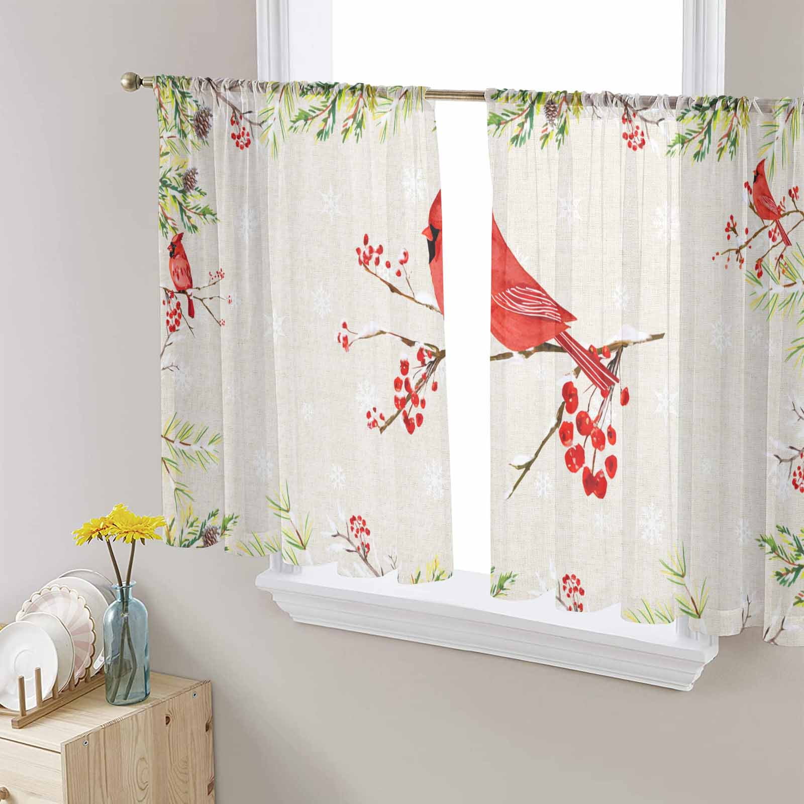 Christmas Red Bird Sheer Curtains 45 Inch Length 2 Panels Set, Semi ...