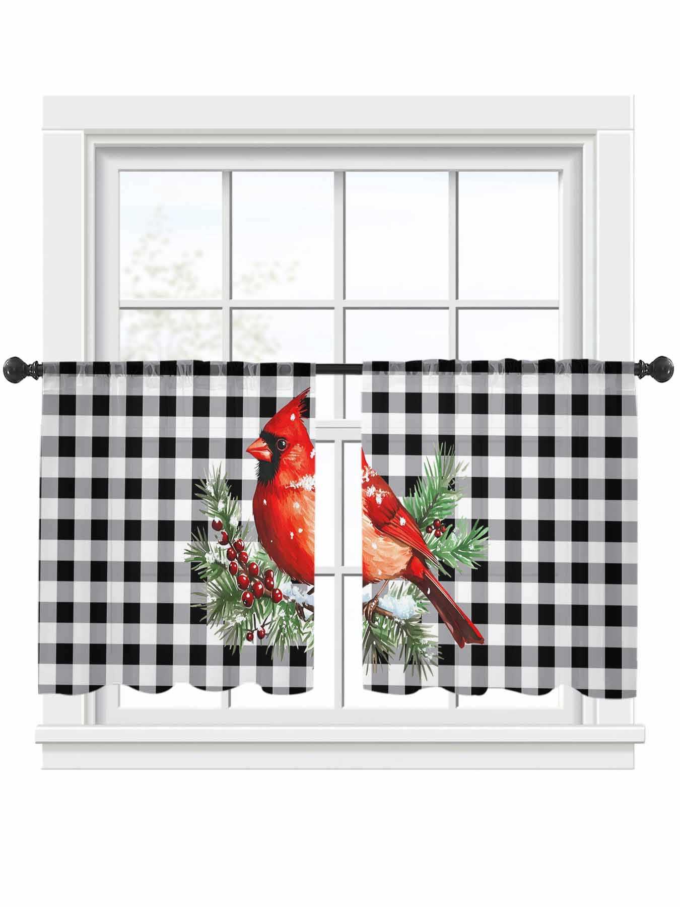 Christmas Red Bird Sheer Curtains 54 inches Long, Winter Berries Black ...