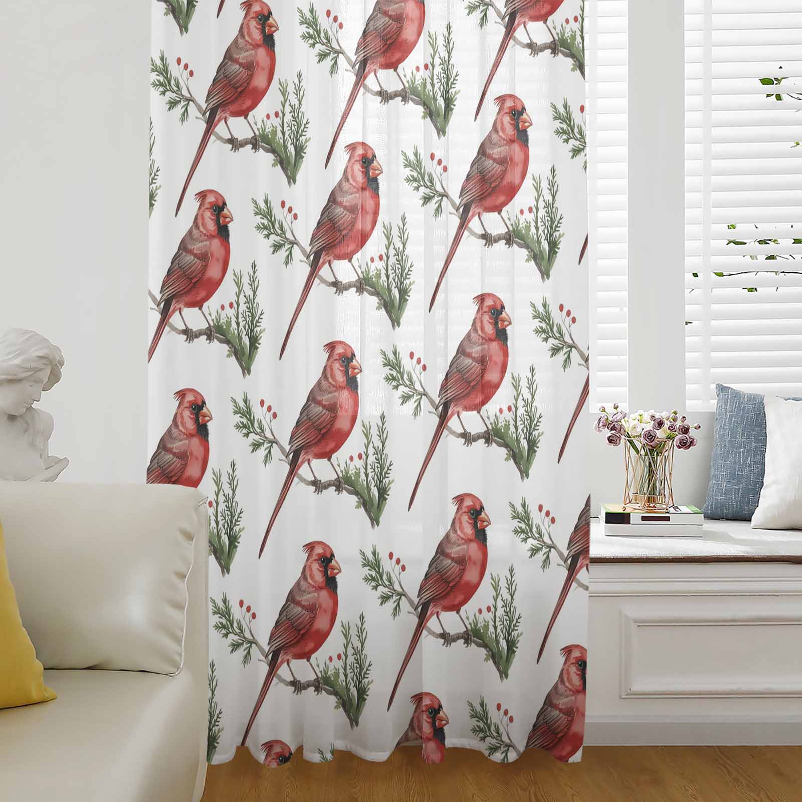 Christmas Red Birds Semi Sheer Curtains Drapes for Living Room, Bedroom ...