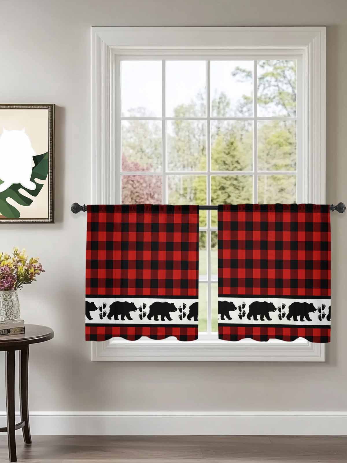 Christmas Red Black Buffalo Checker Chiffon Sheer Curtains 54 Inches ...