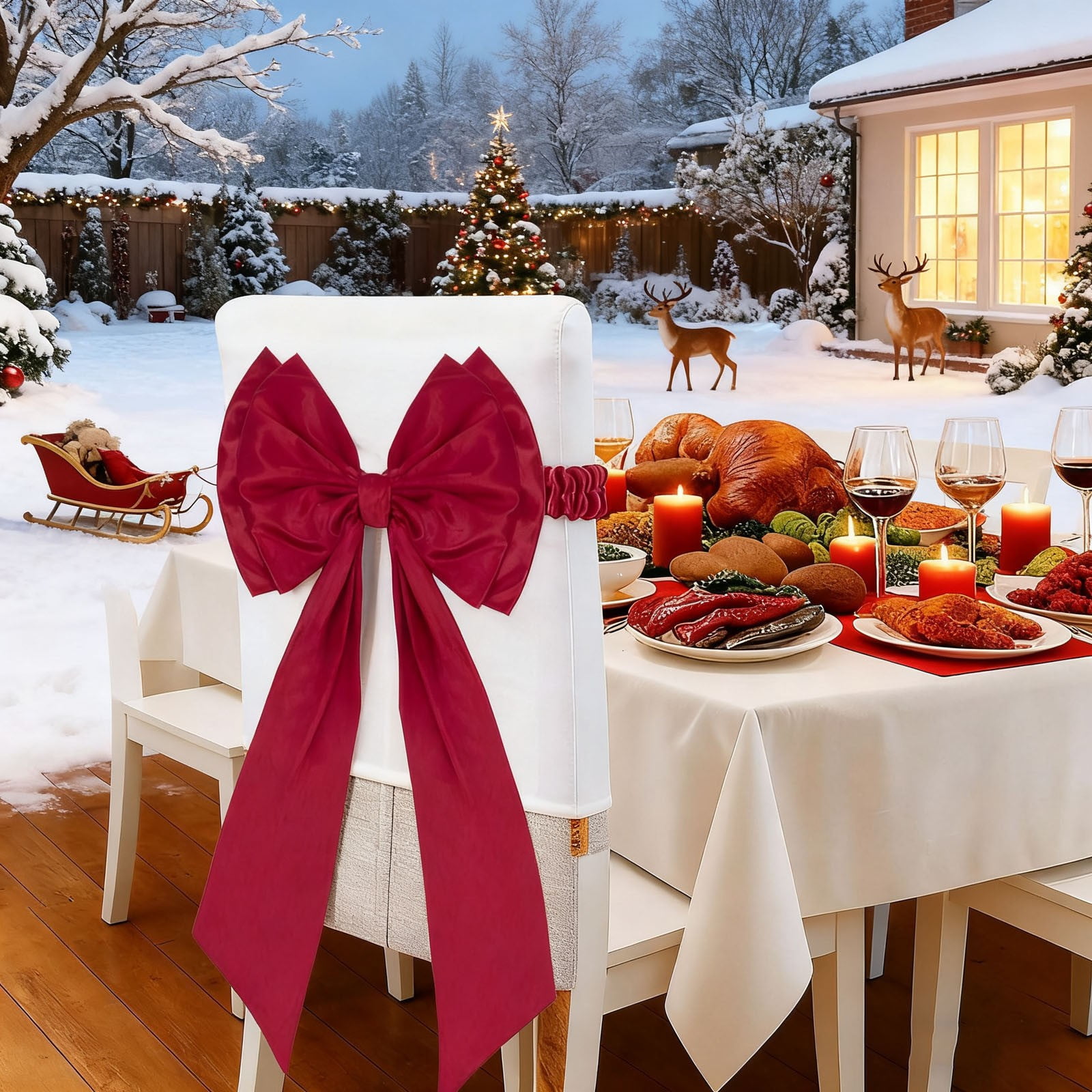 Christmas Red Bow Chair Cover with Backrest Straps – Decorative Holiday ...
