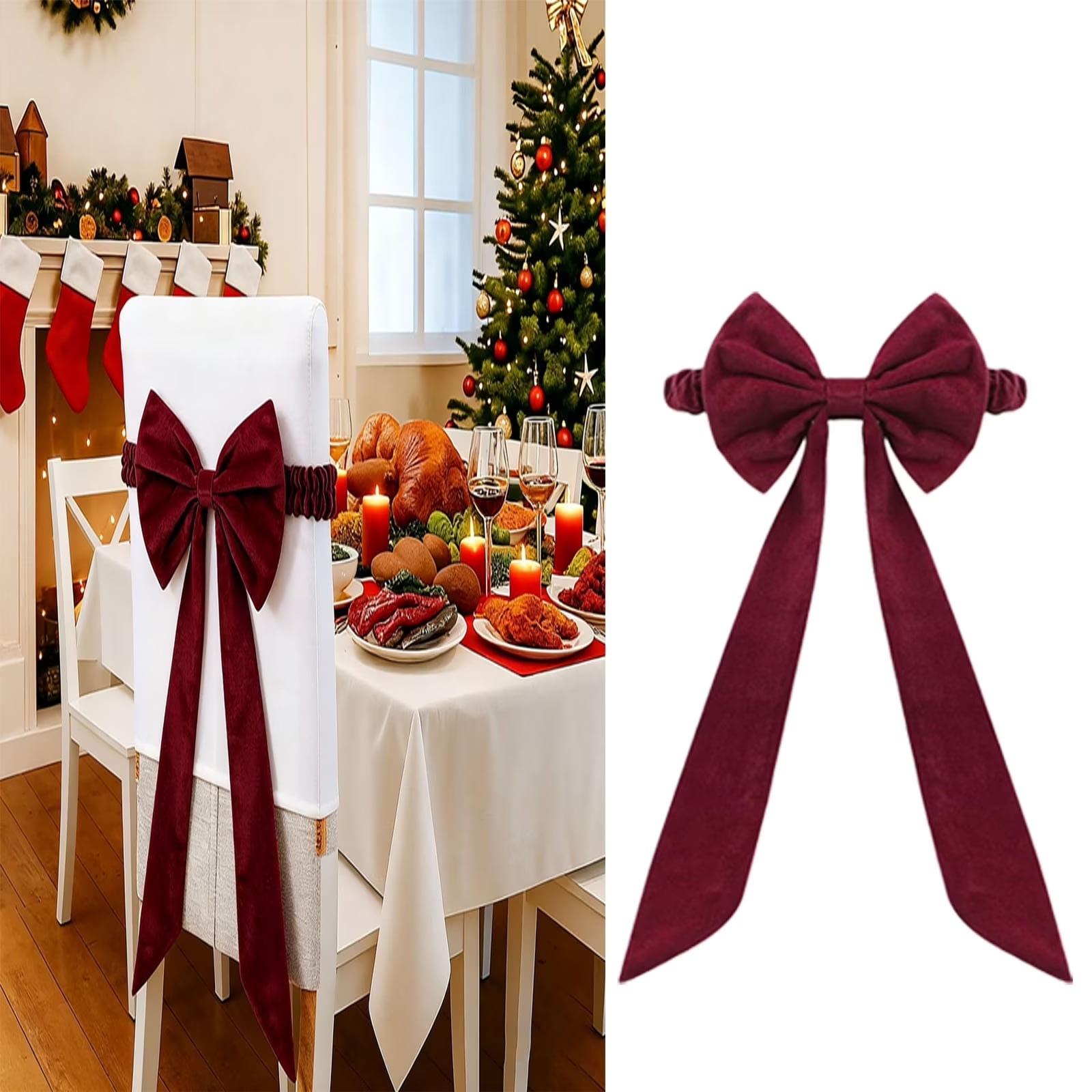 Christmas Red Bow Chair Cover with Decorative Backrest and Seat Straps ...