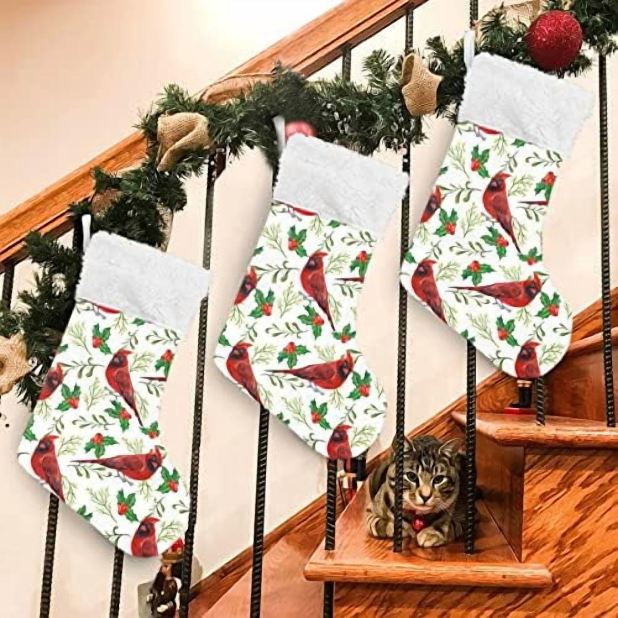 Christmas Red Cardinal Christmas Stockings Winter Snowflakes Xmas Holly ...