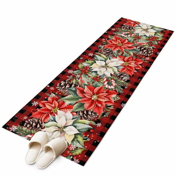 Christmas Red Check 2'x6' Runner Rug, Poinsettia Xmas Flower Snowflake ...