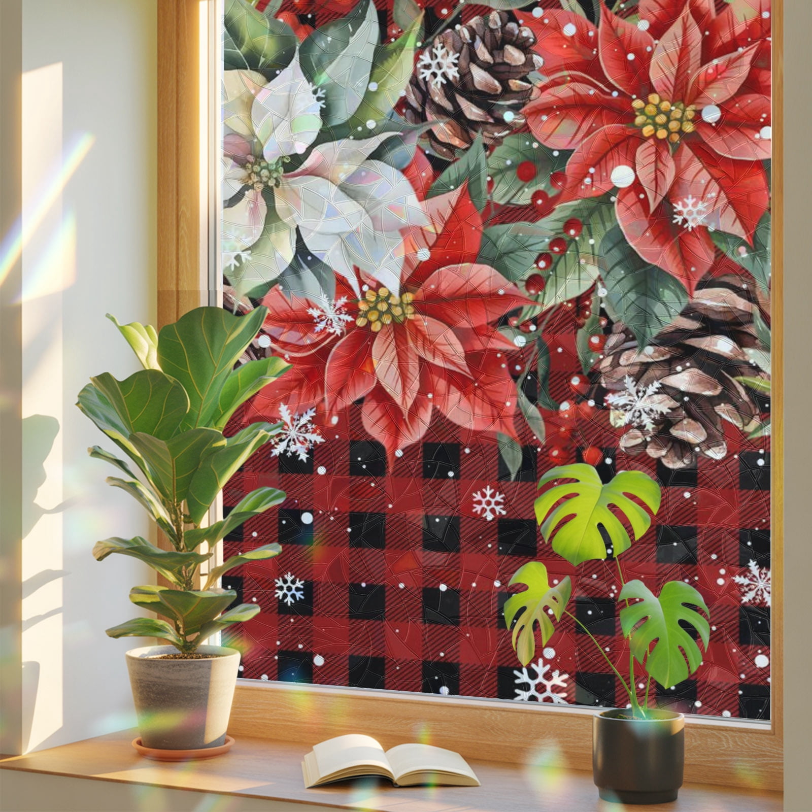 Christmas Red Check Privacy Window Film,Decorative Stained Glass Window ...