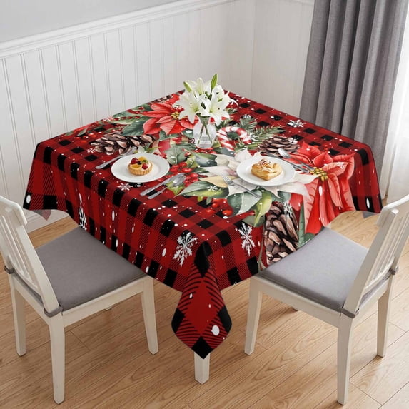 Christmas Red Check Table Cloth Waterproof Tablecloths, Poinsettia Xmas ...