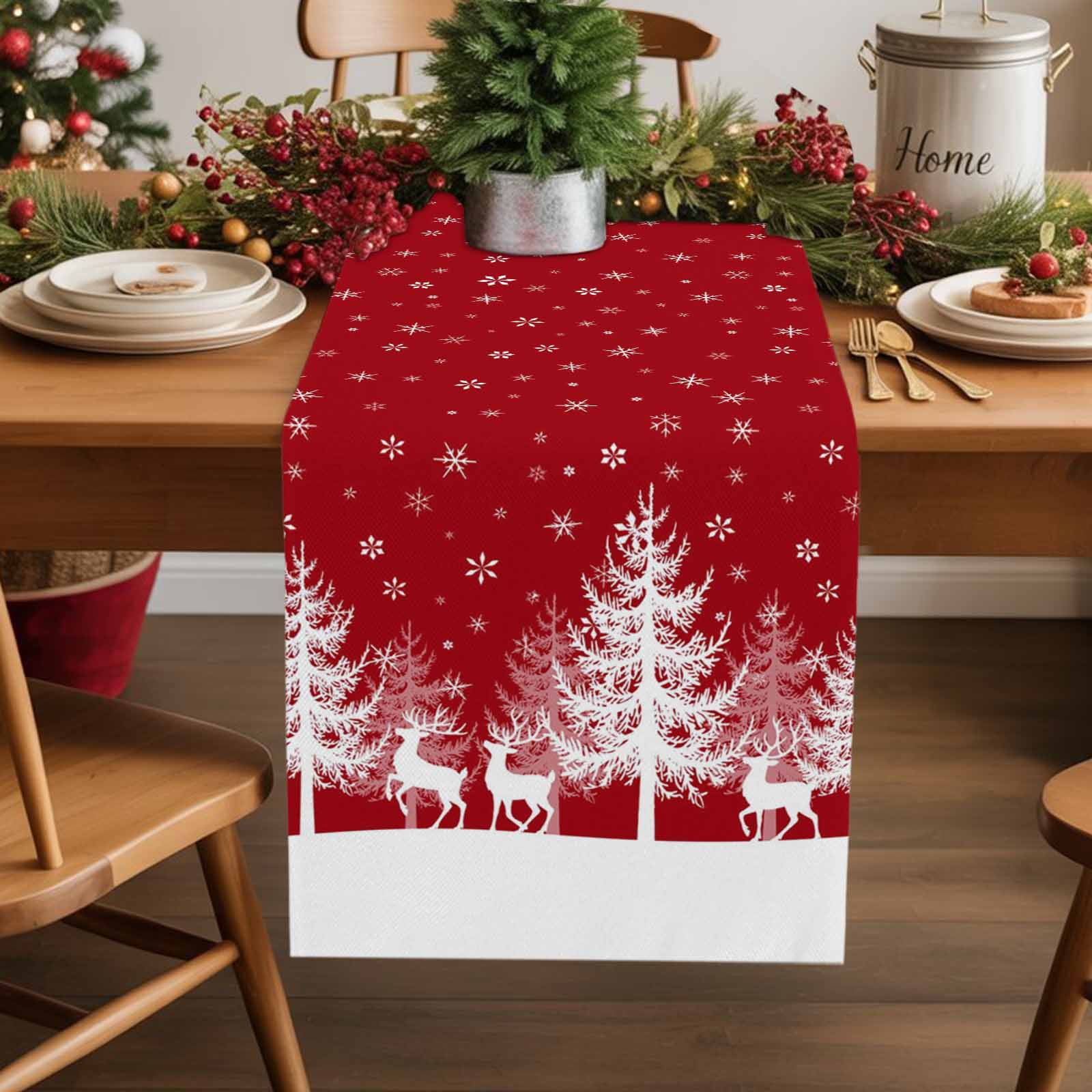 Christmas Red Cotton Linen Table Runner 18 x 72 inch White Xmas Tree ...