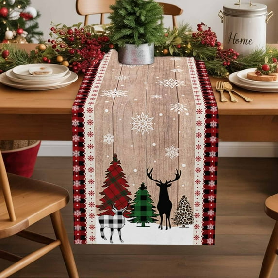 Christmas Red Cotton Linen Table Runner Black Plaid Reindeer Xmas Tree ...