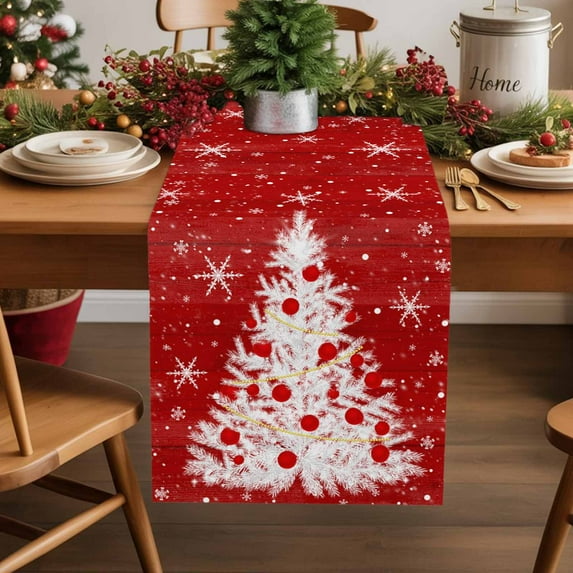 Christmas Red Cotton Linen Table Runner White Xmas Tree Winter ...