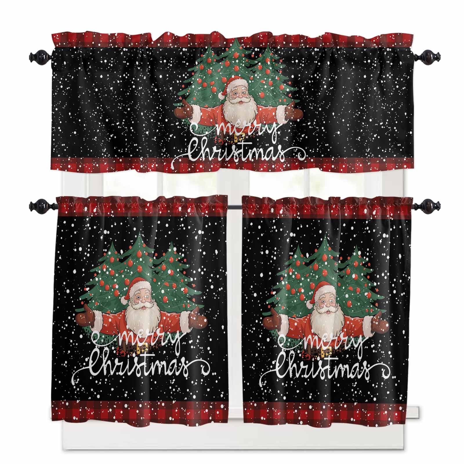 Christmas Red Curtain Valances Set Hat Snowman Snowflake Green Kitchen ...