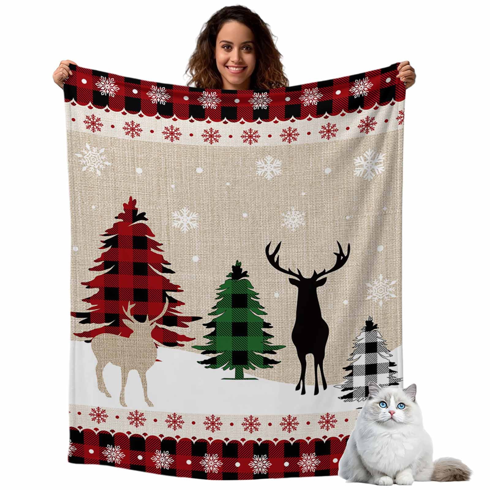Christmas Red Fleece Throw Blanket Lightweight Black Plaid Reindeer and ...