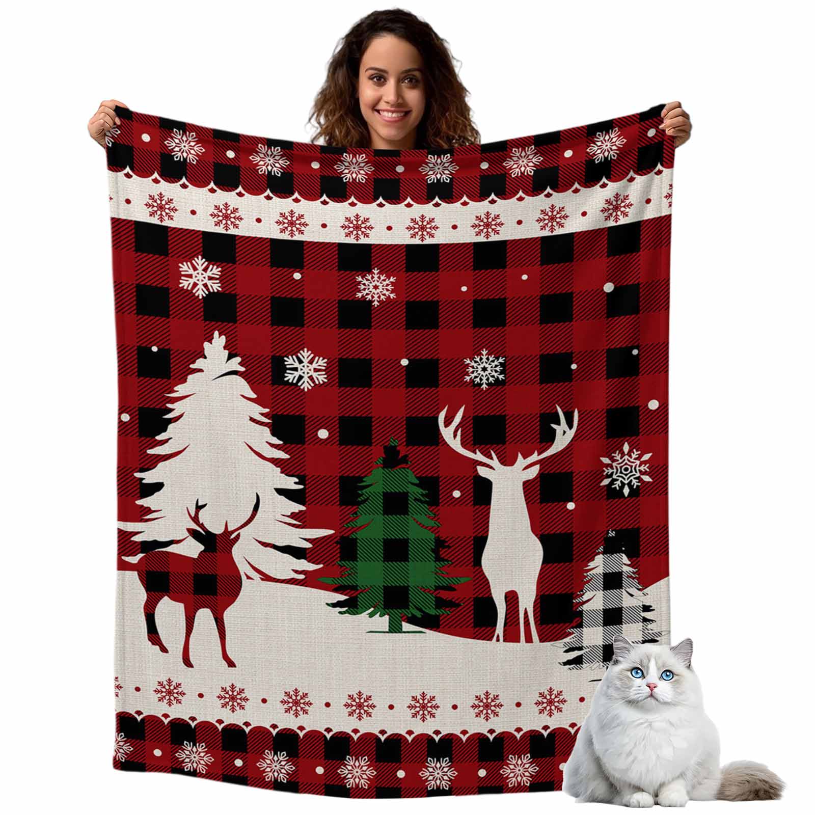 Christmas Red Fleece Throw Blanket Lightweight Black Plaid Reindeer ...