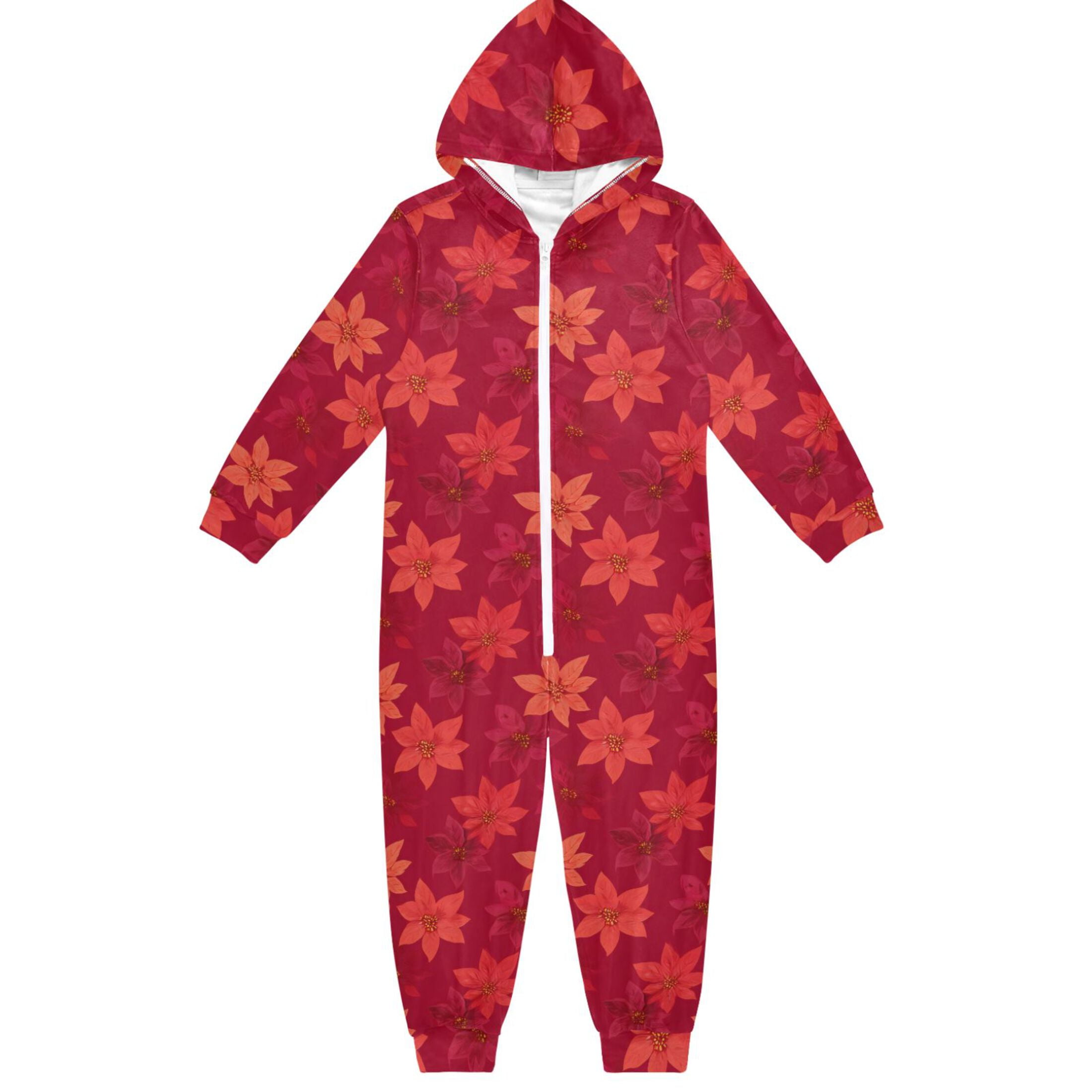 Christmas Red Flower Pattern One Piece Pajamas Soft Jumpsuit Cozy Sleep ...