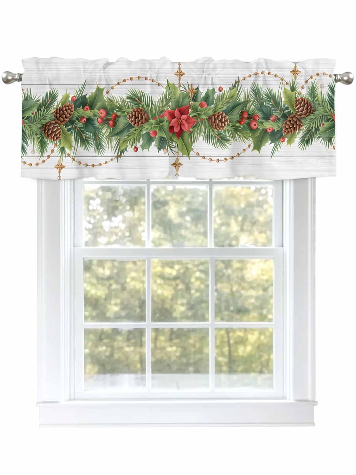 Christmas Red Flower Valances for Windows Green Leaf Pine Cone White ...