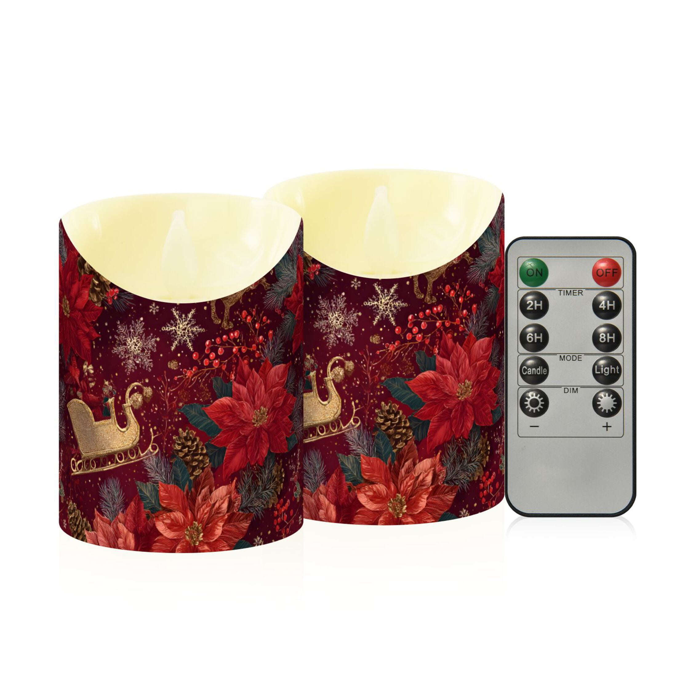 Christmas Red Flowers and Sled Deer Flameless Candles 2 PCS with Remote ...