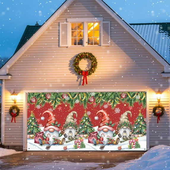 Christmas Red Gnomes Garage Door Banner Covers, Xmas Tree Snowflake ...