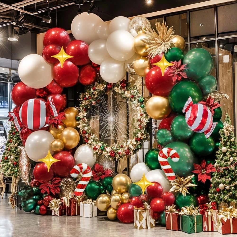 Christmas Red and Green Balloon Garland Arch Kit Pearl White Gold Foil ...