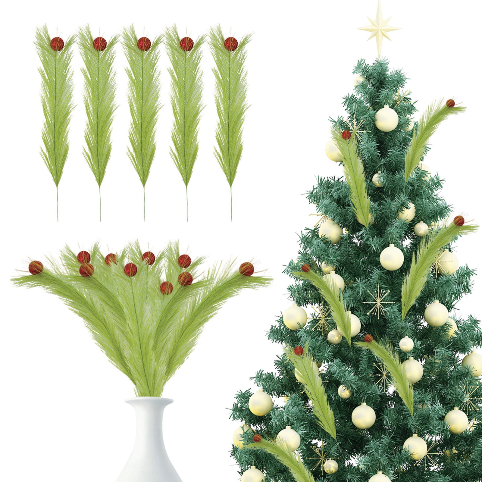 Christmas Red Green Curly Stems, 17in Artificial Lime Green Curly Xmas ...