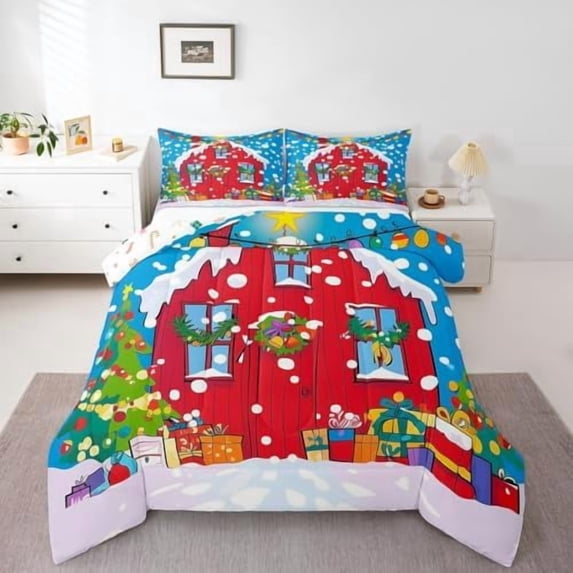 Christmas Red House Kids Bedding Set Twin Christmas Tree Snowflake ...