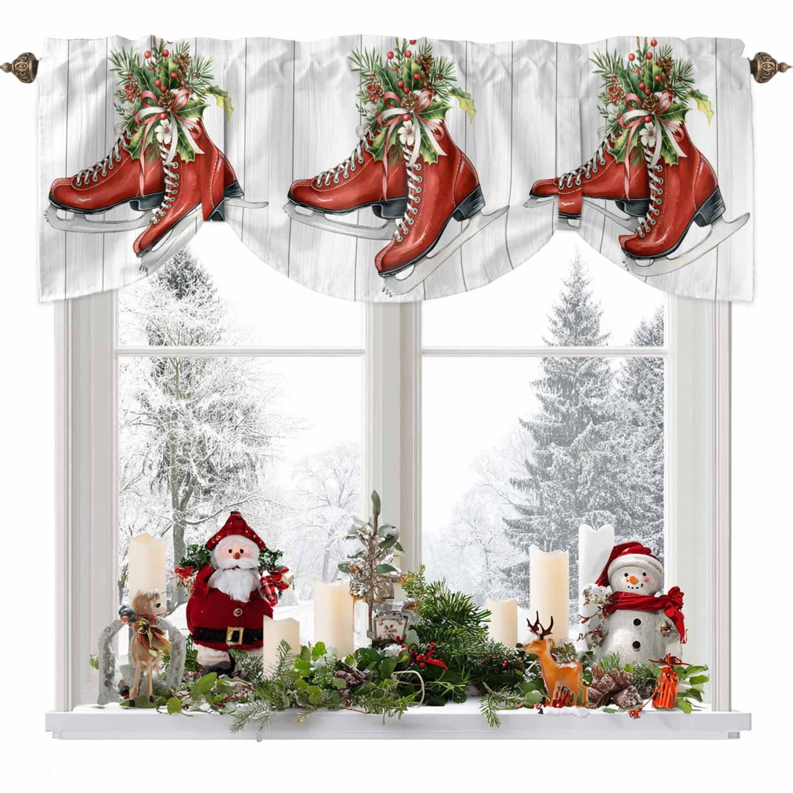 Christmas Red Ice Shoes Tie Up Valances Curtain, Berry Pine Needles ...