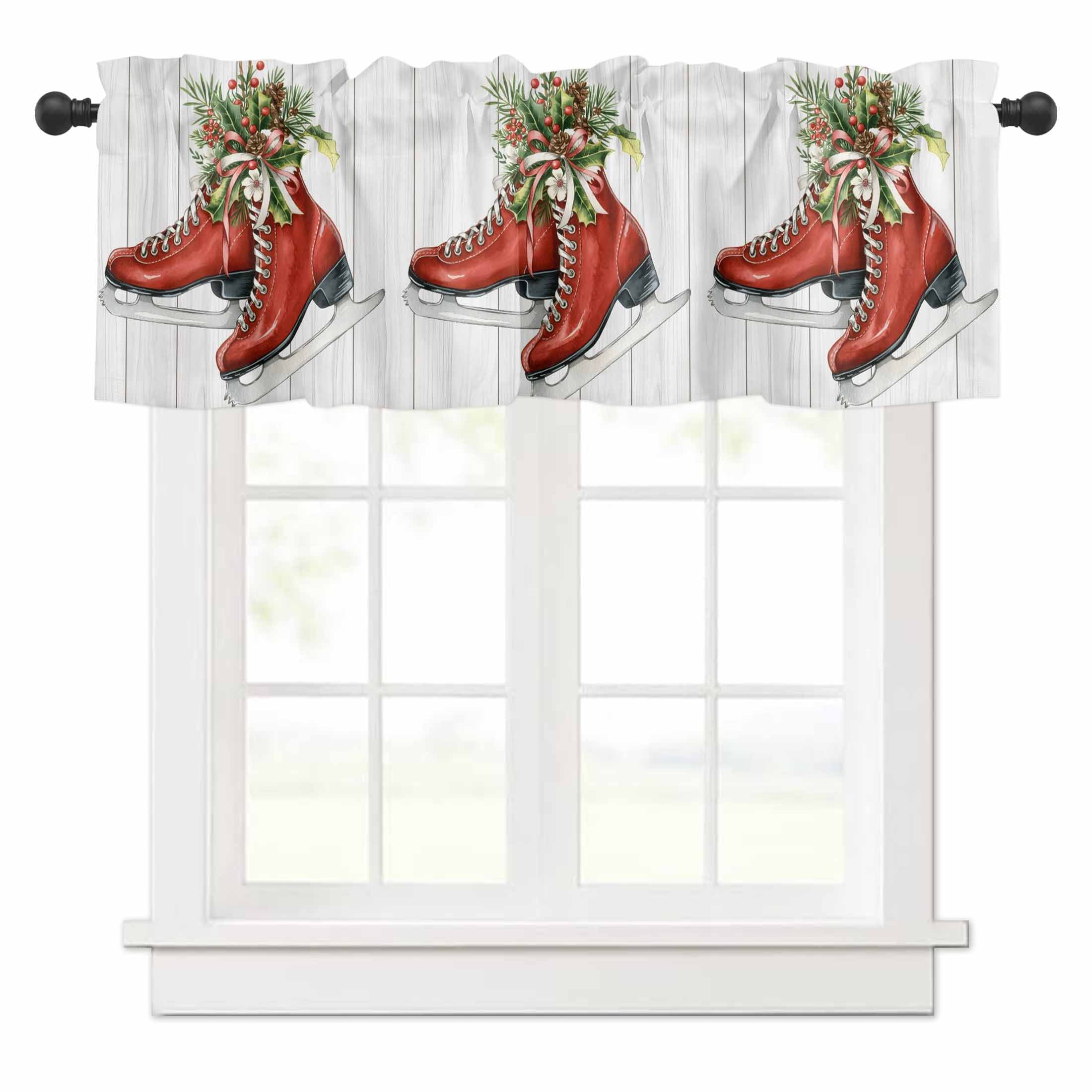 Christmas Red Ice Shoes Valances for Windows Berry Pine Needles Ribbon ...