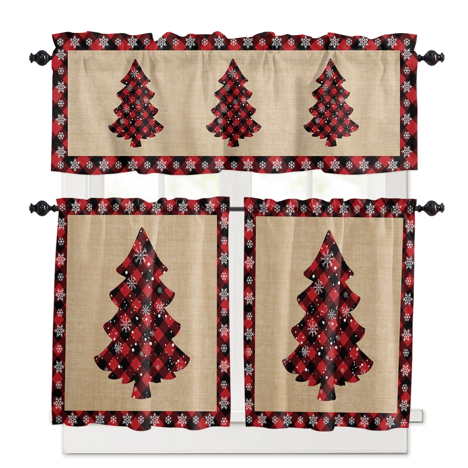 Christmas Red Kitchen Curtains and Valances Set, and Black Buffalo Tree ...