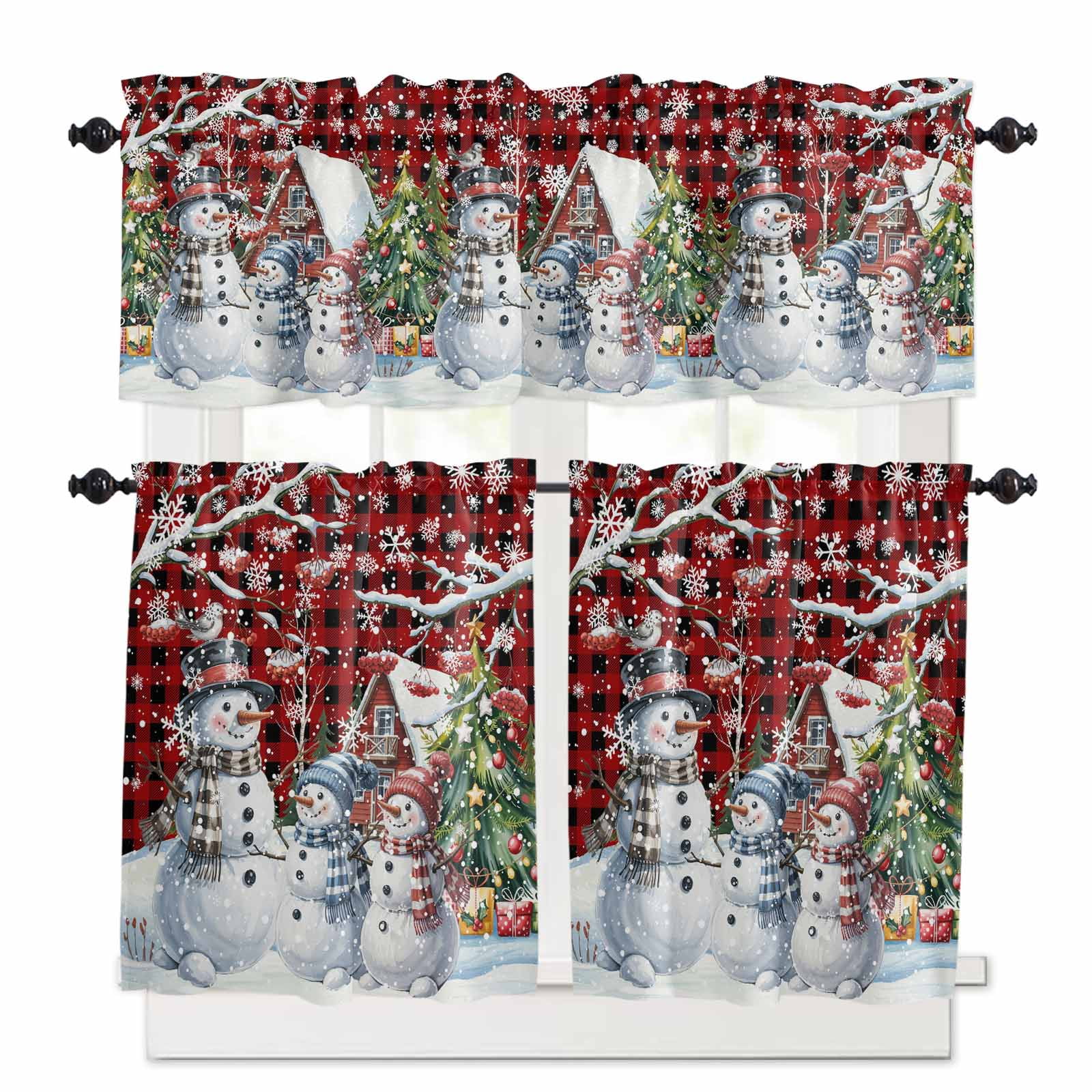 Christmas Red Kitchen Curtains and Valances Set, Plaid Snowman Chalet ...