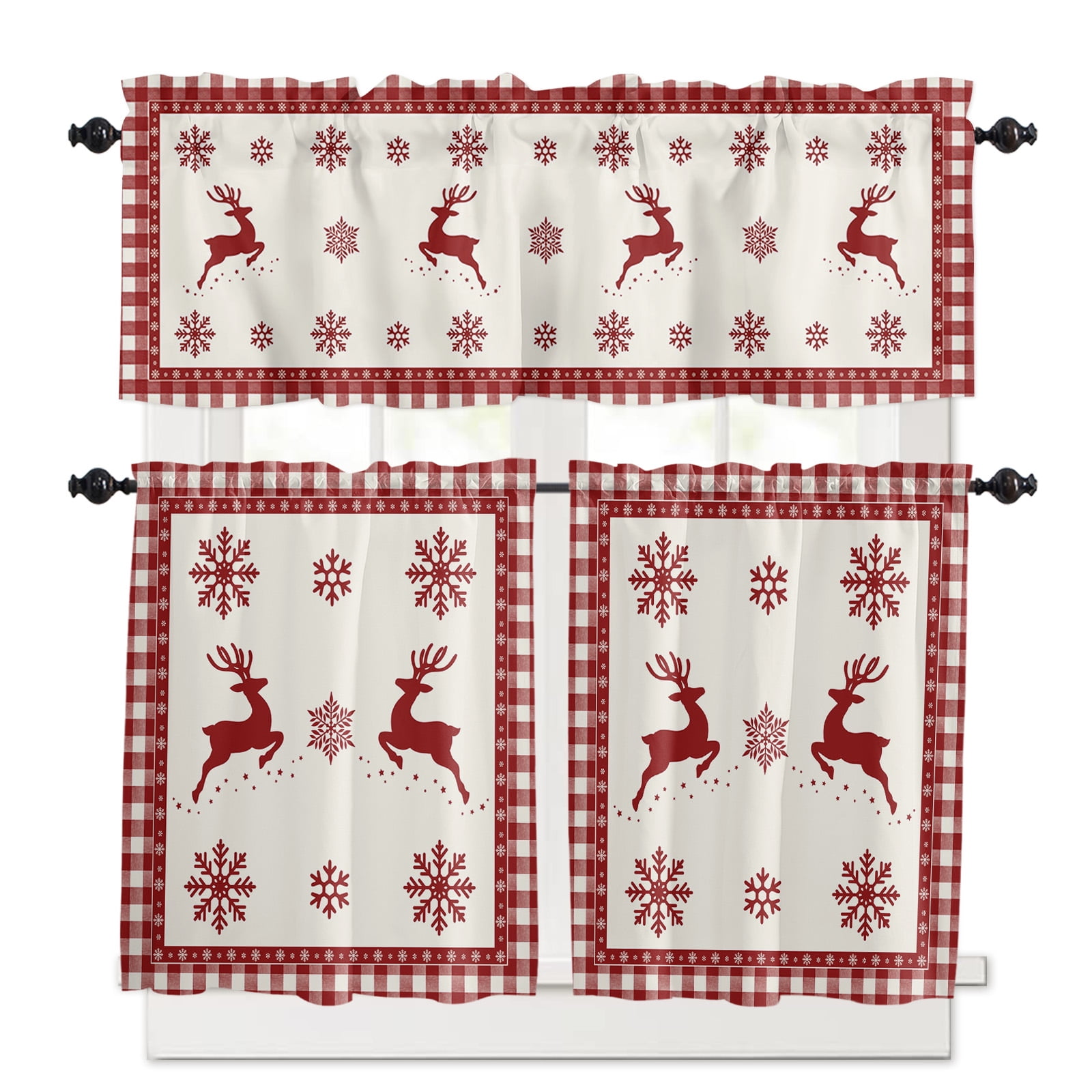 Christmas Red Kitchen Curtains and Valances Set, Snowflake and Elk Rod ...