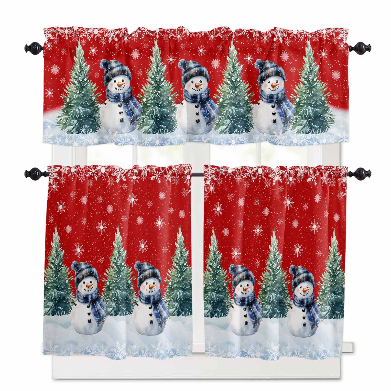 Christmas Red Kitchen Curtains and Valances Set, Xmas Tree Snowman ...