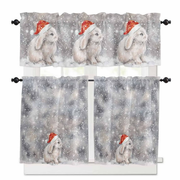 Christmas Red Kitchen Curtains Valances and Tiers Set of 3 Cap Rabbit ...