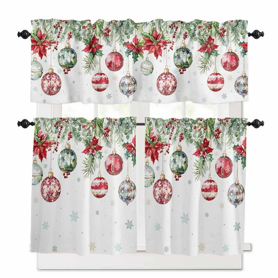 Christmas Red Kitchen Curtains Valances and Tiers Set of 3 Green Balls ...