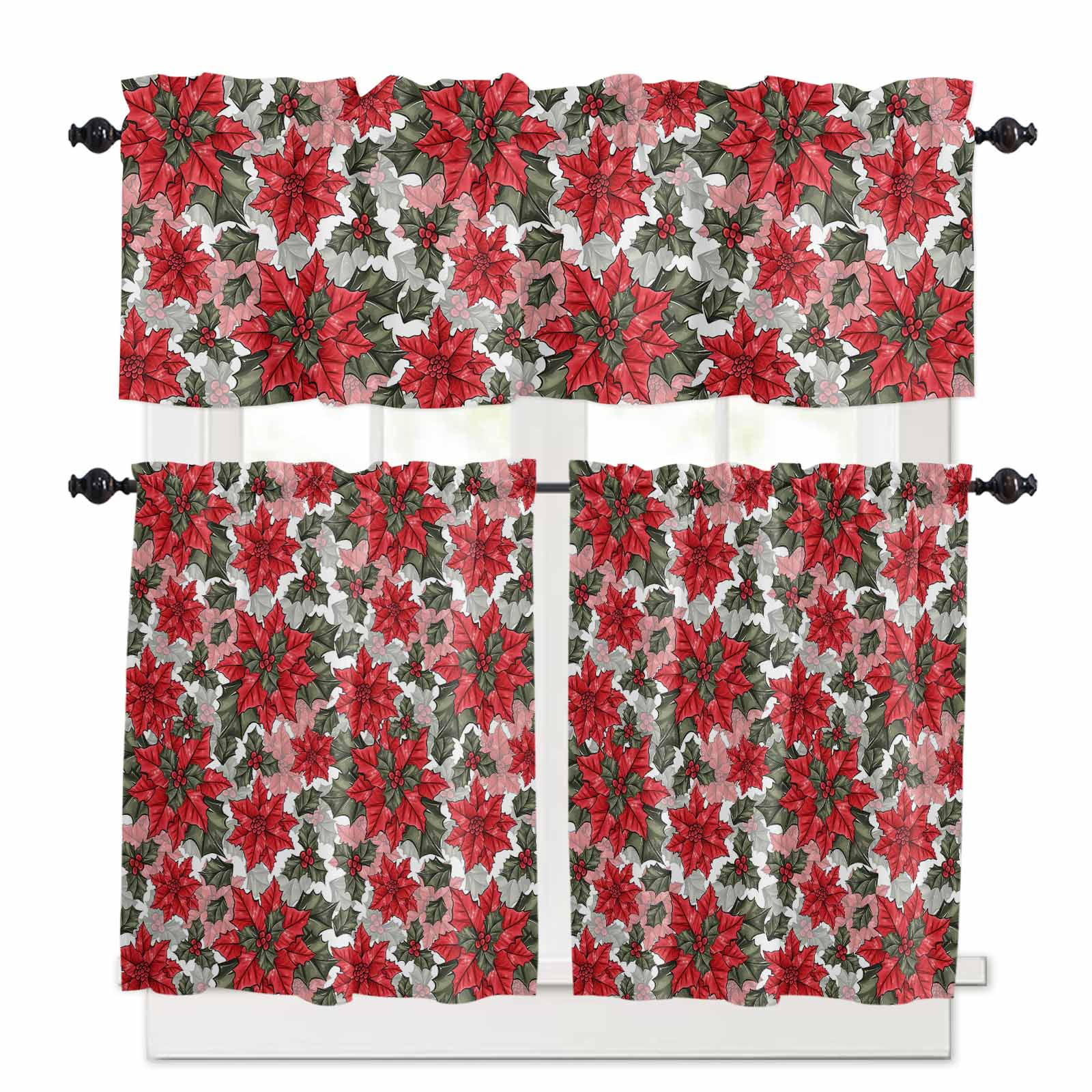 Christmas Red Kitchen Curtains Valances and Tiers Set of 3 Poinsettia ...