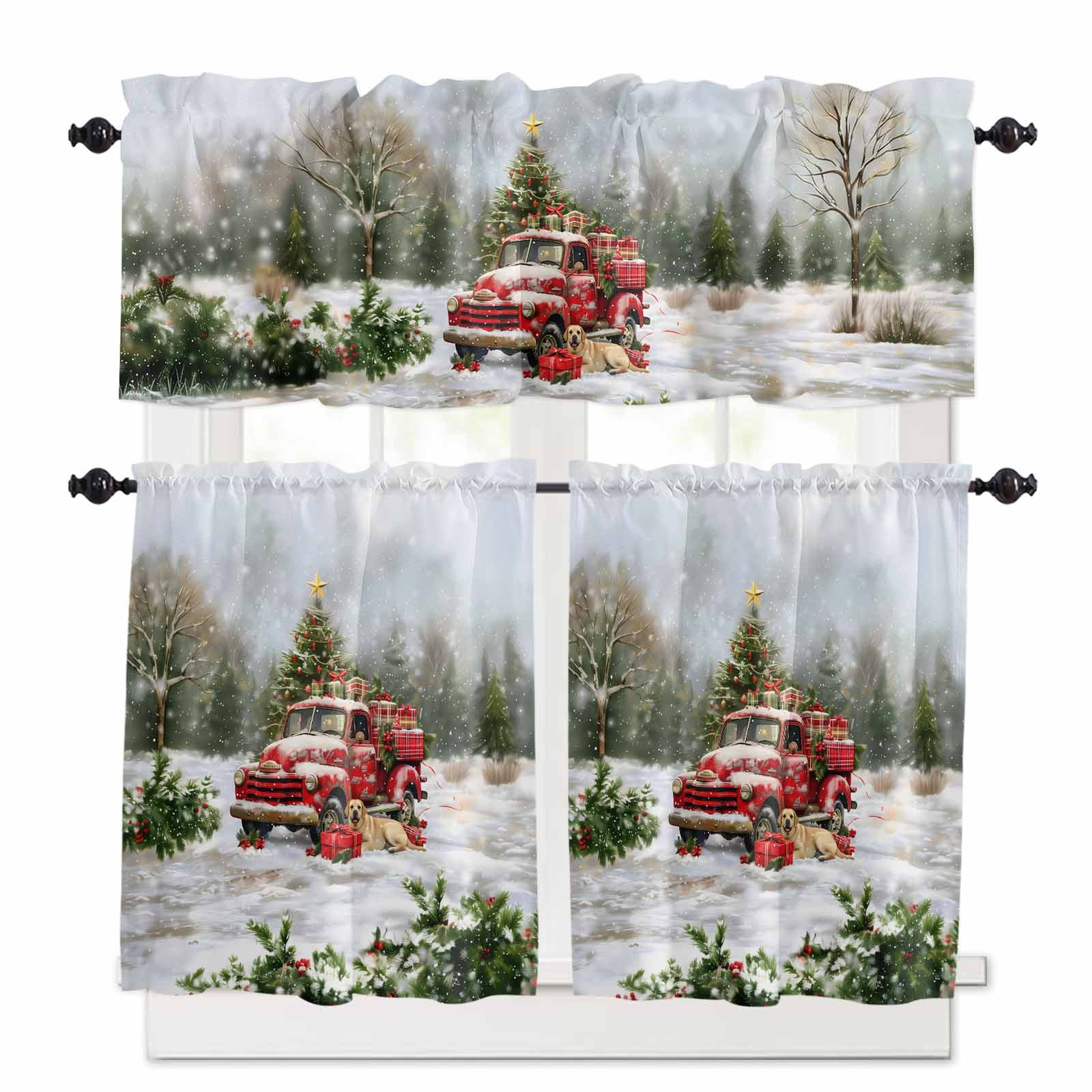 Christmas Red Kitchen Curtains Valances and Tiers Set of 3 Truck Xmas ...