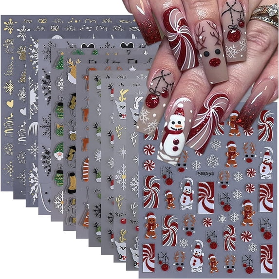 Christmas Red Nail Stickers Decals Santa Claus Winter Snowflakes 3D ...
