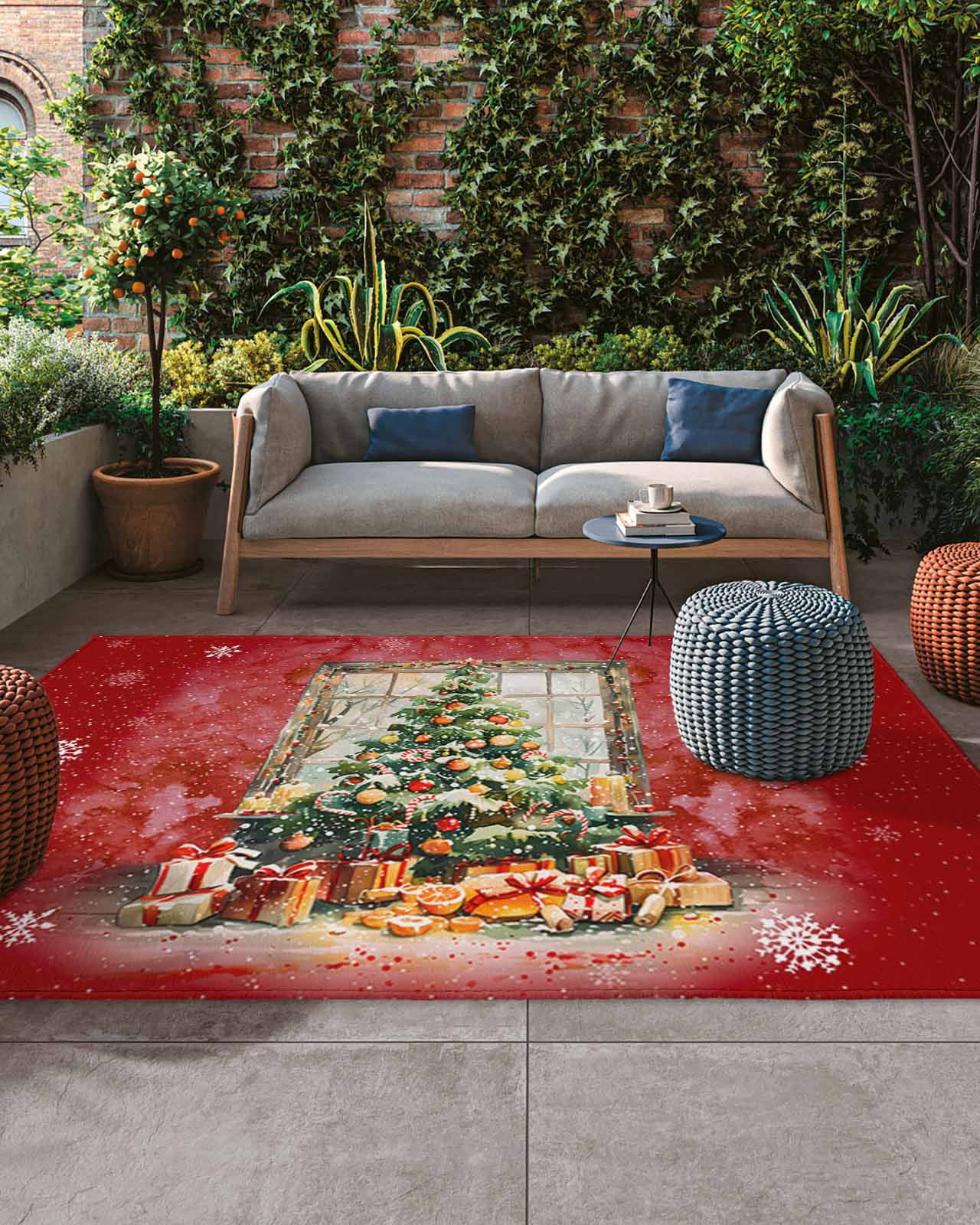 Christmas Red Outdoor Rug, Xmas Tree Ball Fruits Snowflake Large ...